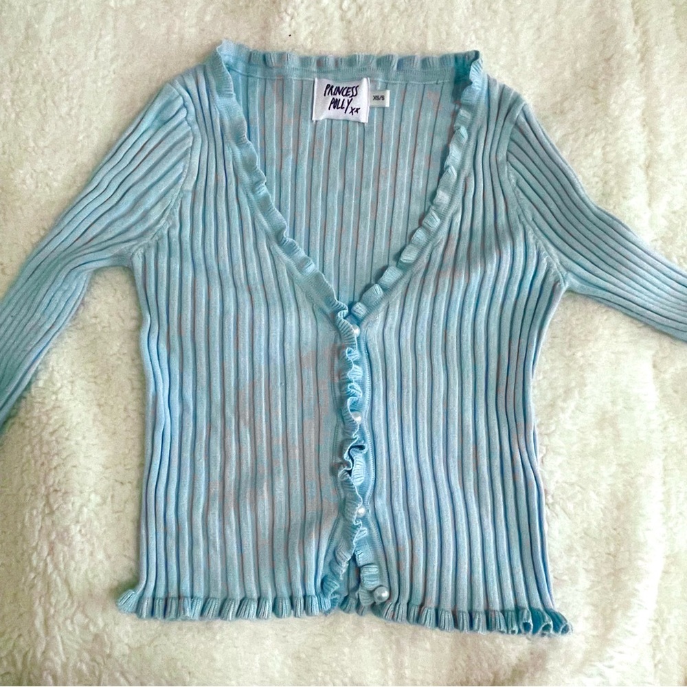 Princess Polly Ollie Top Blue Ribbed Pearl Button Ruf… - Gem